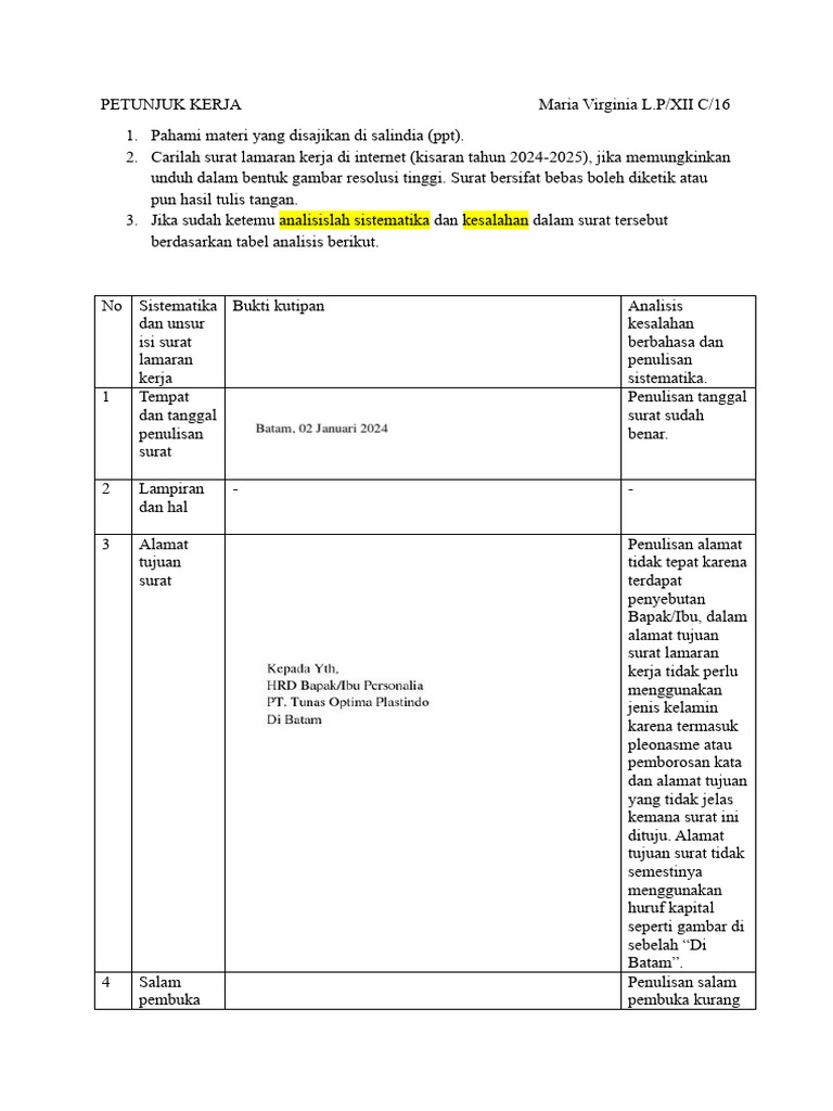 Lkpd 01 Lamaran Kerja Maria v Xii c (1) | PDF