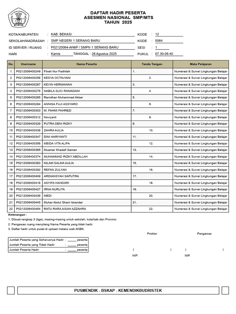 Asesmen Nasional - Tahun 2025 Daftar Hadir Utama Anbk Hari Kamis | PDF