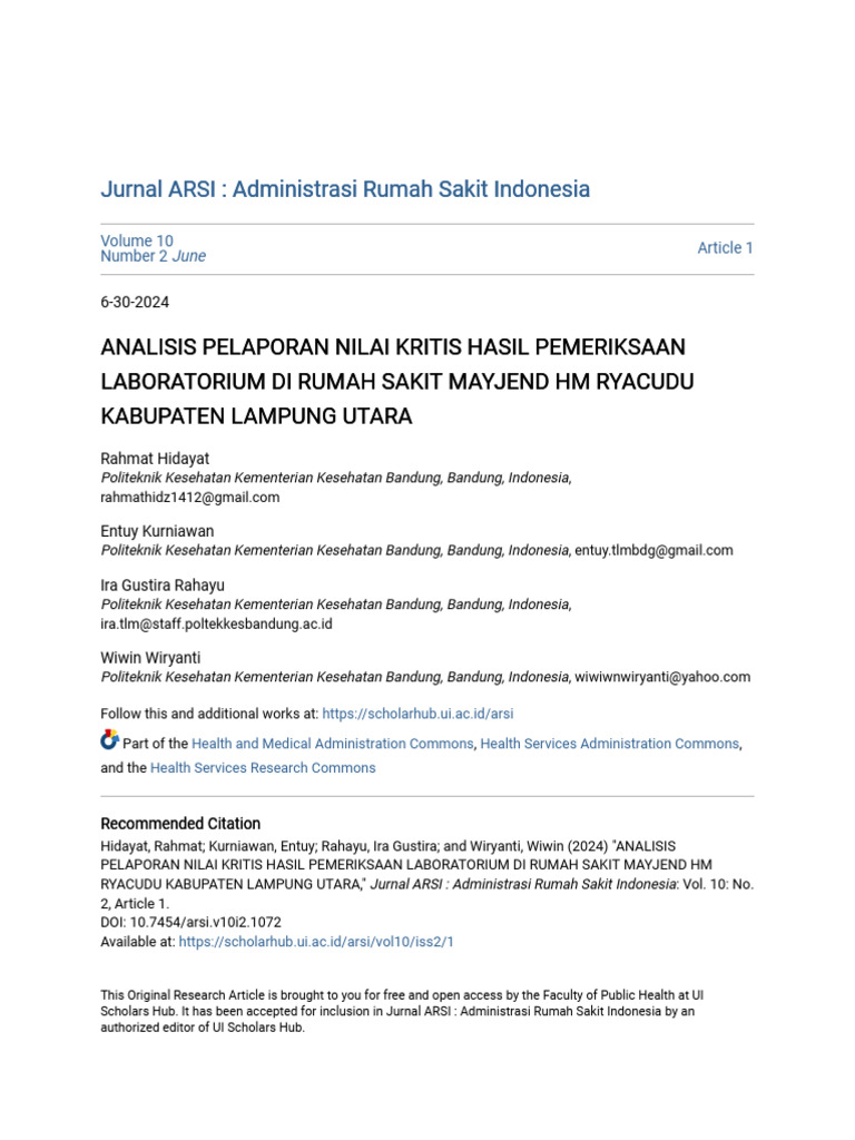 Analisis Pelaporan Nilai Kritis Hasil Pemeriksaan Laboratorium Di | PDF