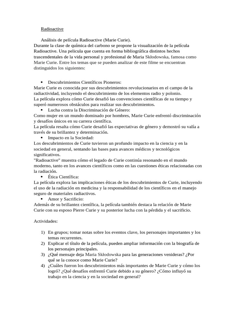 Análisis de la película Radioactive | PDF | Marie Curie