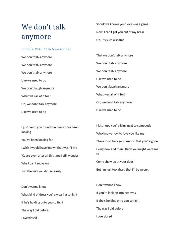 We Don't Talk Anymore Lyrics | PDF | Sound Recording | American Pop Songs