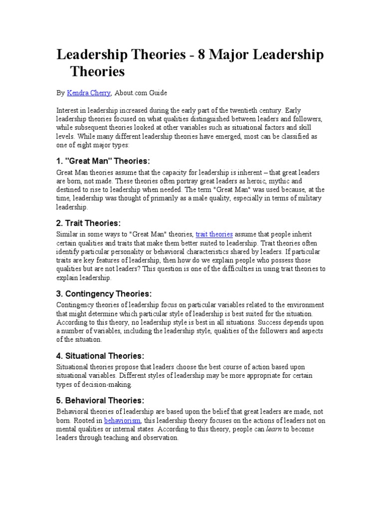 Leadership Theories - 8 Major Leadership Theories: Kendra Cherry ...