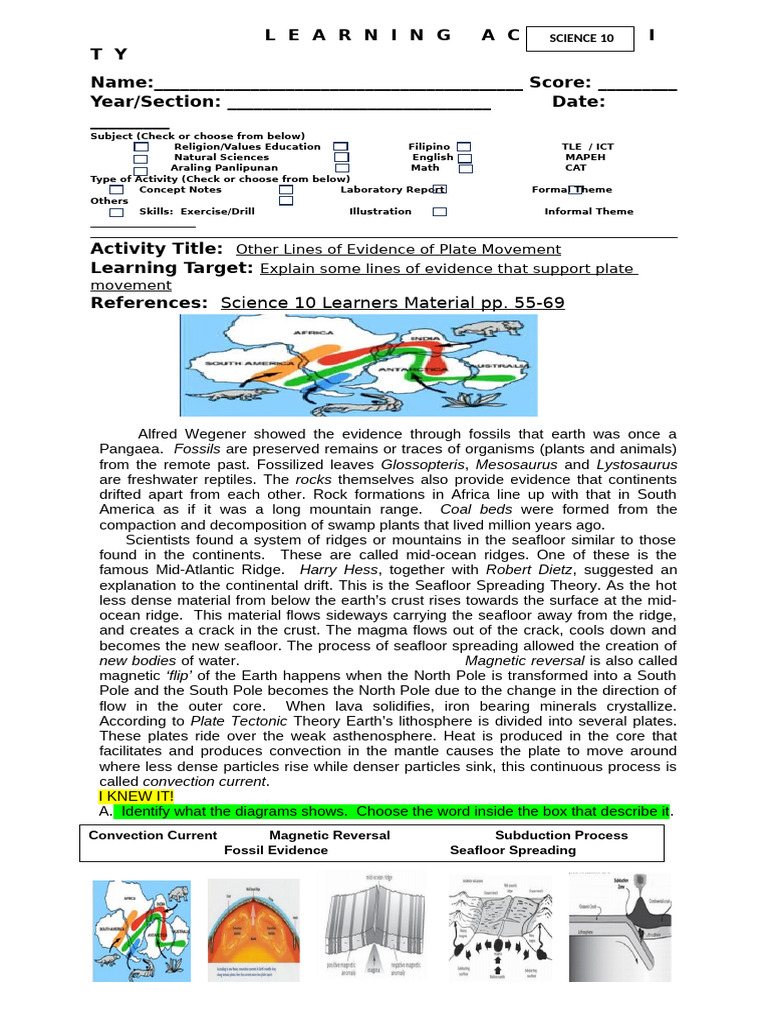 Learning Activity Lines of Evidence | PDF | Plate Tectonics | Earth ...