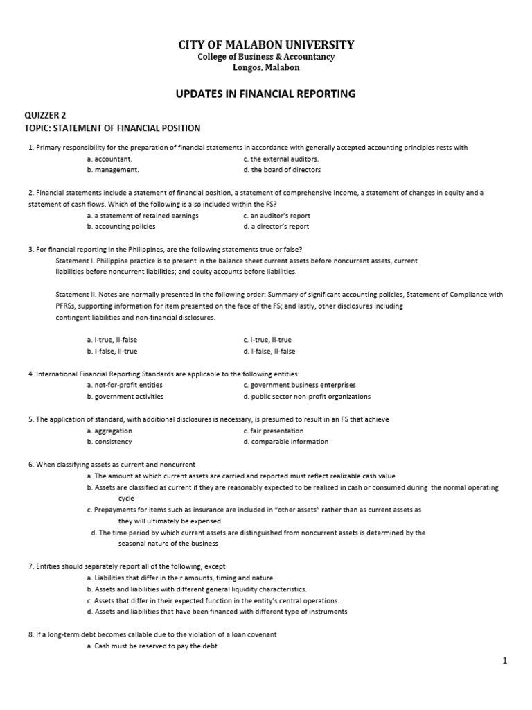 Statement of Financial Position Quizzer 2 | PDF | Balance Sheet ...