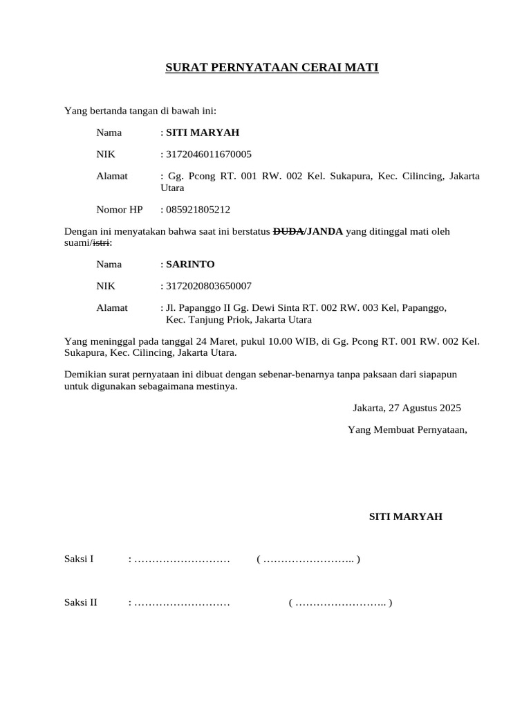 Surat Pernyataan Cerai Mati | PDF
