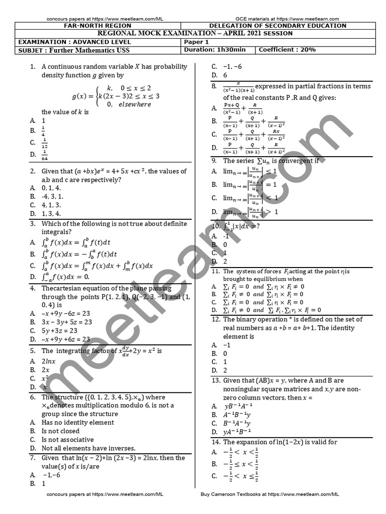 Advanced Level Further Mathematics Exam | PDF | Algebra | Mathematical ...