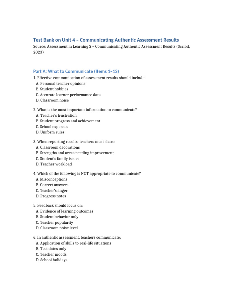 Test Bank Communicating Assessment | PDF | Educational Assessment ...