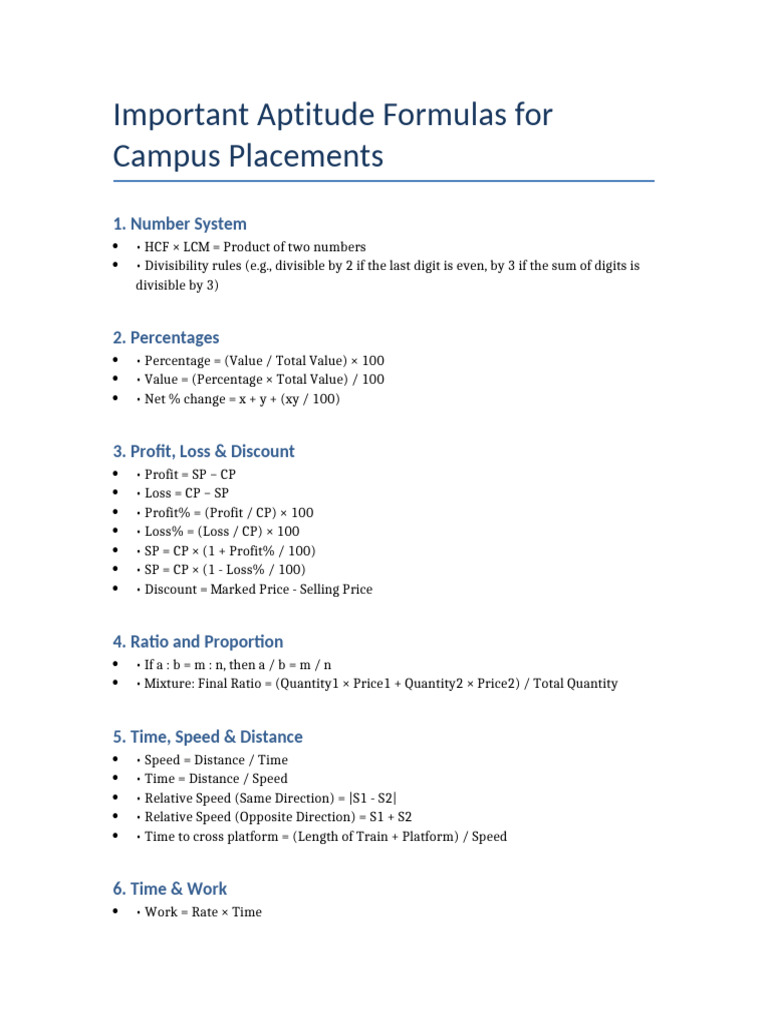 Essential Aptitude Formulas for Placement | PDF | Area | Mathematics