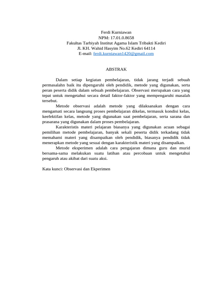 Observasi Metode Eksperimen Pembelajaran | PDF