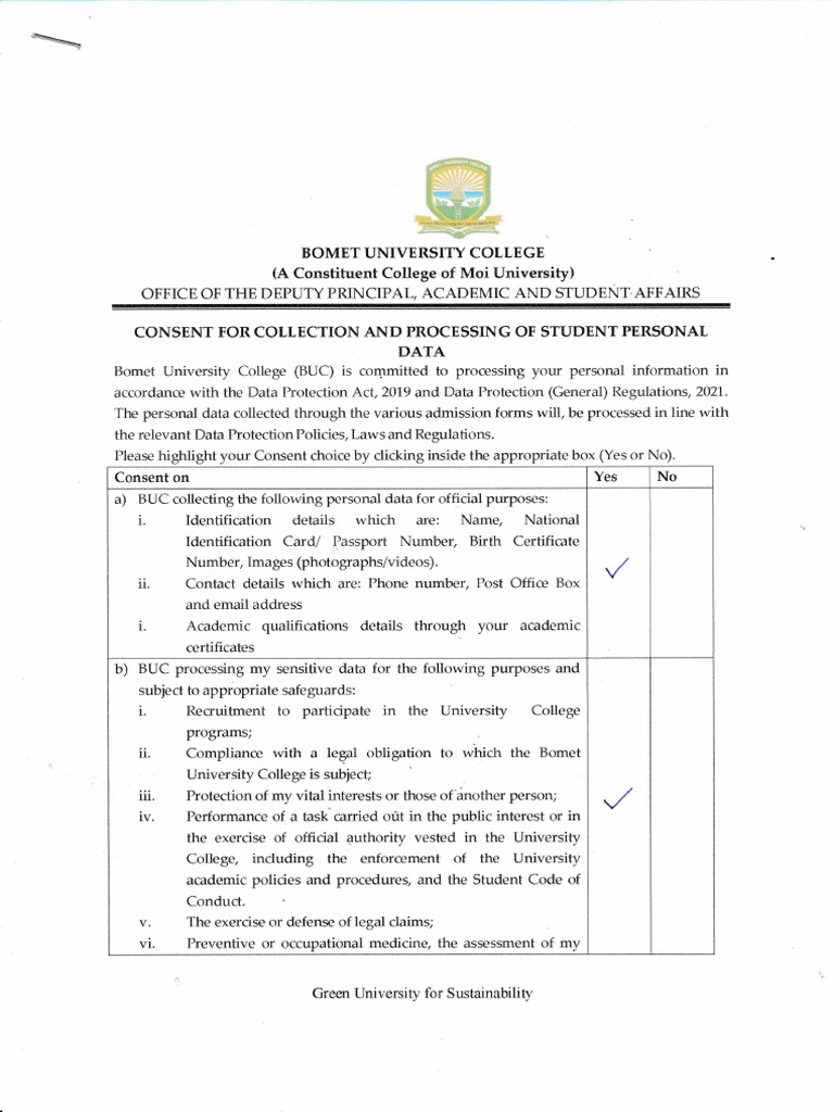 Bomet University Student Data Consent Form | PDF | Justice | Crime ...
