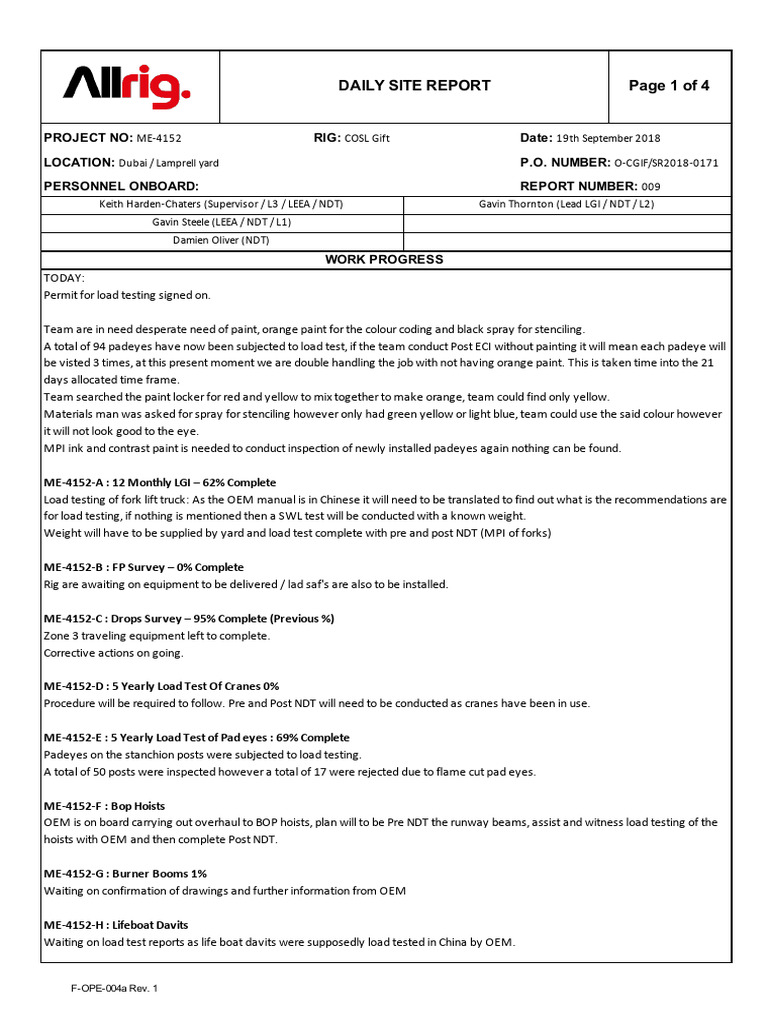 009 COSL F-OPE-004a - Daily Site Report (Allrig) - Rev. 1 | PDF ...