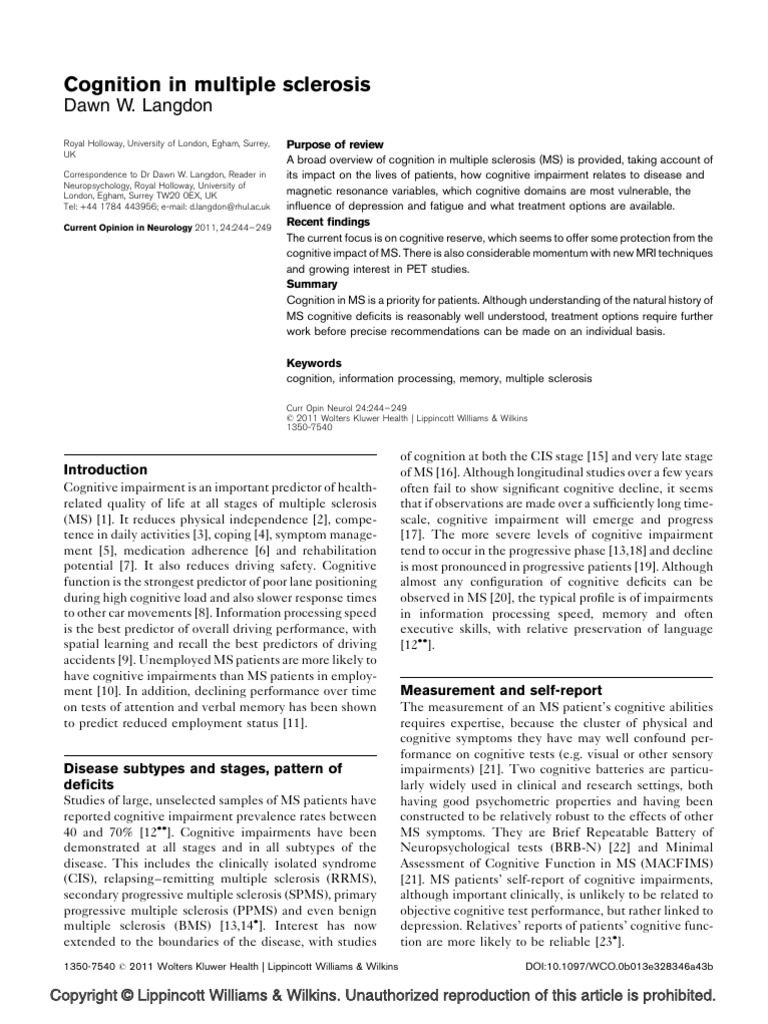Cognitive Impairment in Multiple Sclerosis | PDF | Multiple Sclerosis ...