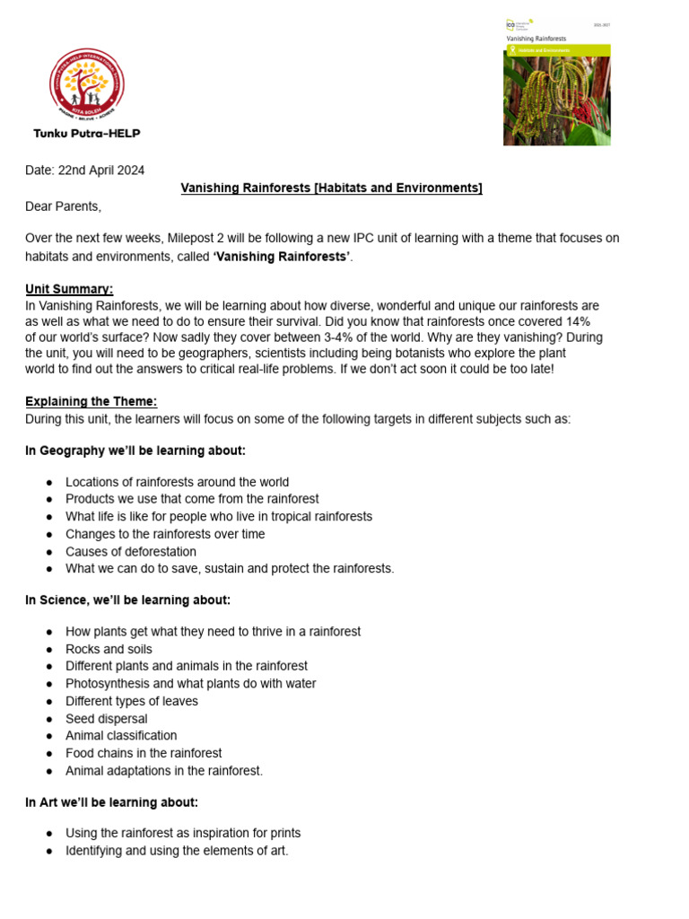 MP2 - Vanishing Rainforests - Unit Introduction Letter | PDF ...