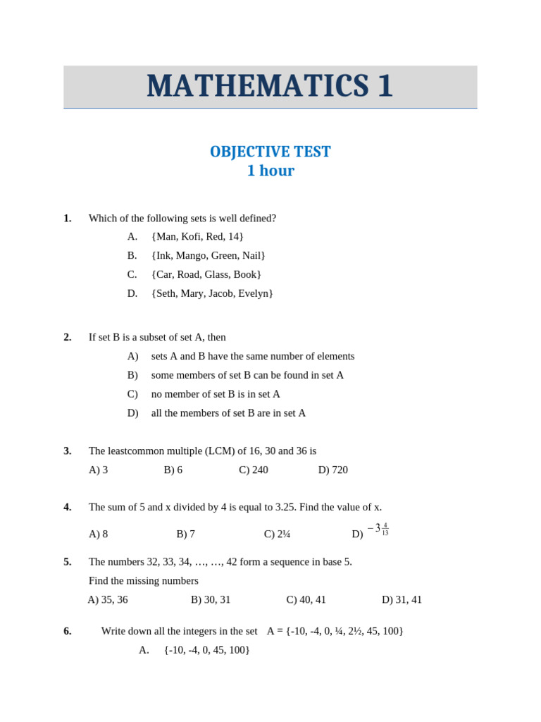 2010 Core Maths Objective Test | PDF | Number Theory | Arithmetic