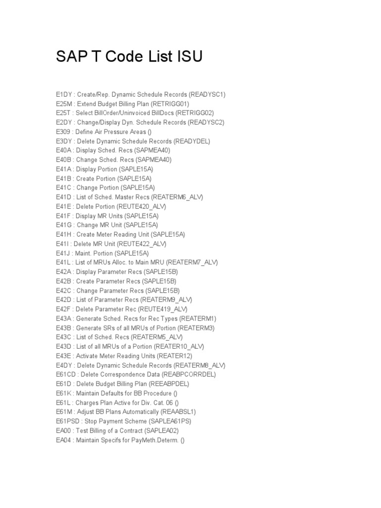 Sap T Code List Isu | PDF | Invoice | Receipt