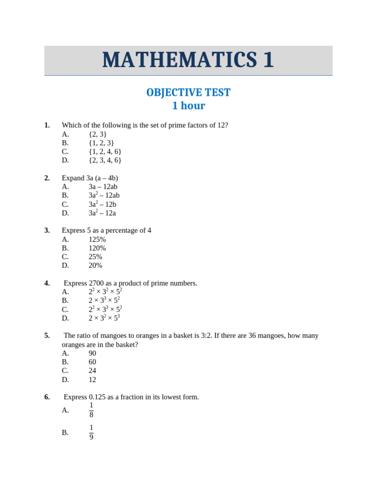 BECE 2011 Maths Objective Questions | PDF | Mathematics | Arithmetic