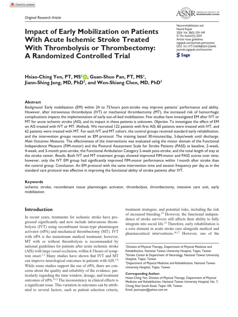 Impact of Early Mobilization On Patients With Acute Ischemic Stroke Treated With Thrombolysis or ...