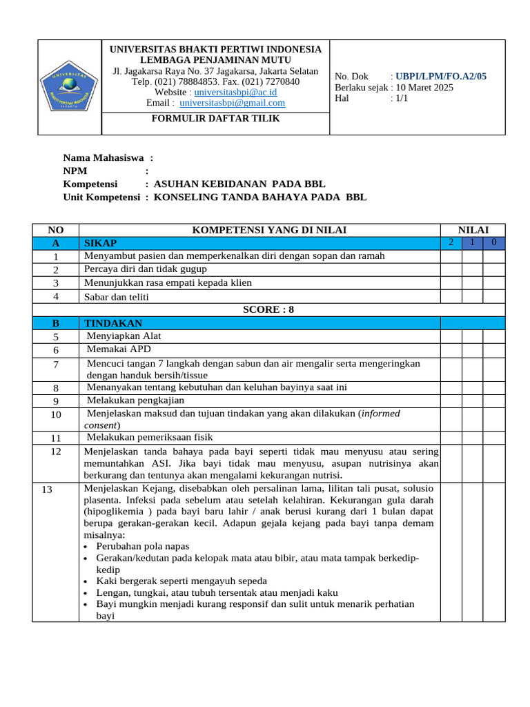 Daftar Tilik Konseling BBL | PDF