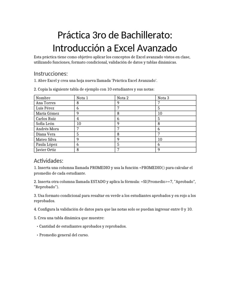 Excel Avanzado: Práctica 3ro Bachillerato | PDF