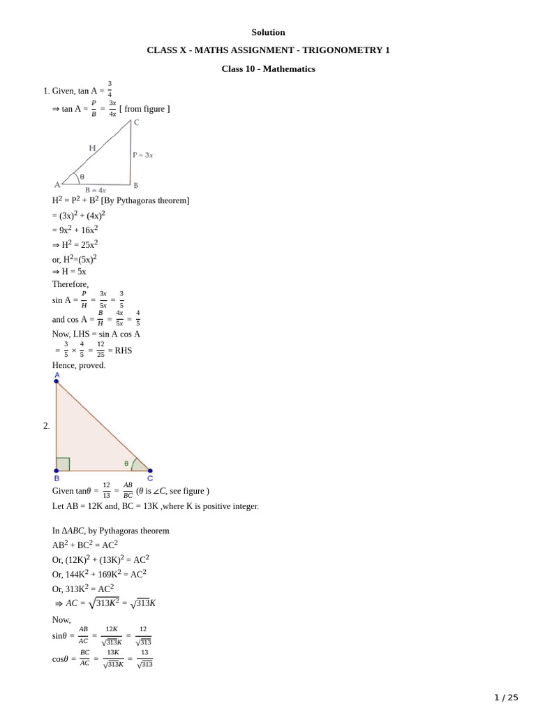 Class 10 Trigonometry Math Assignment | PDF | Trigonometric Functions ...