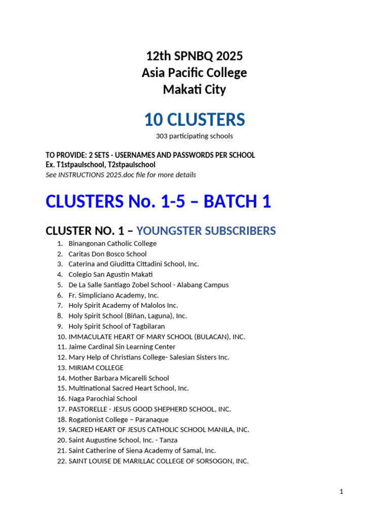List of Schools - Clusters | PDF | Metro Manila