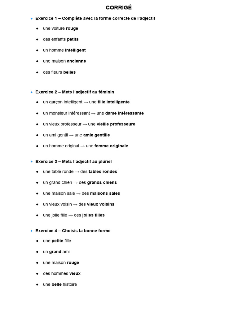 Exercices sur les adjectifs en français | PDF