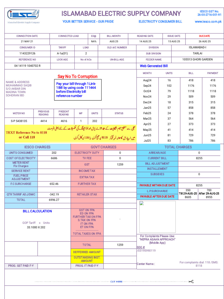 IESCO Electricity Bill Summary August 2025 | PDF | Taxes | Economies