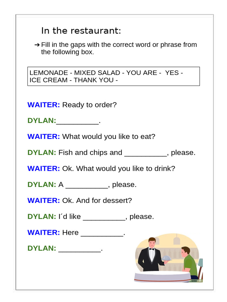 Restaurant Dialogue - Roleplay - Activity Fill in The Gaps | PDF