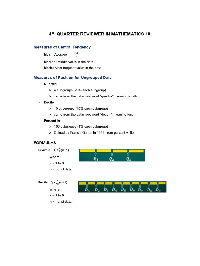4TH Quarter Reviewer in Mathematics 10 | PDF | Percentile | Quartile