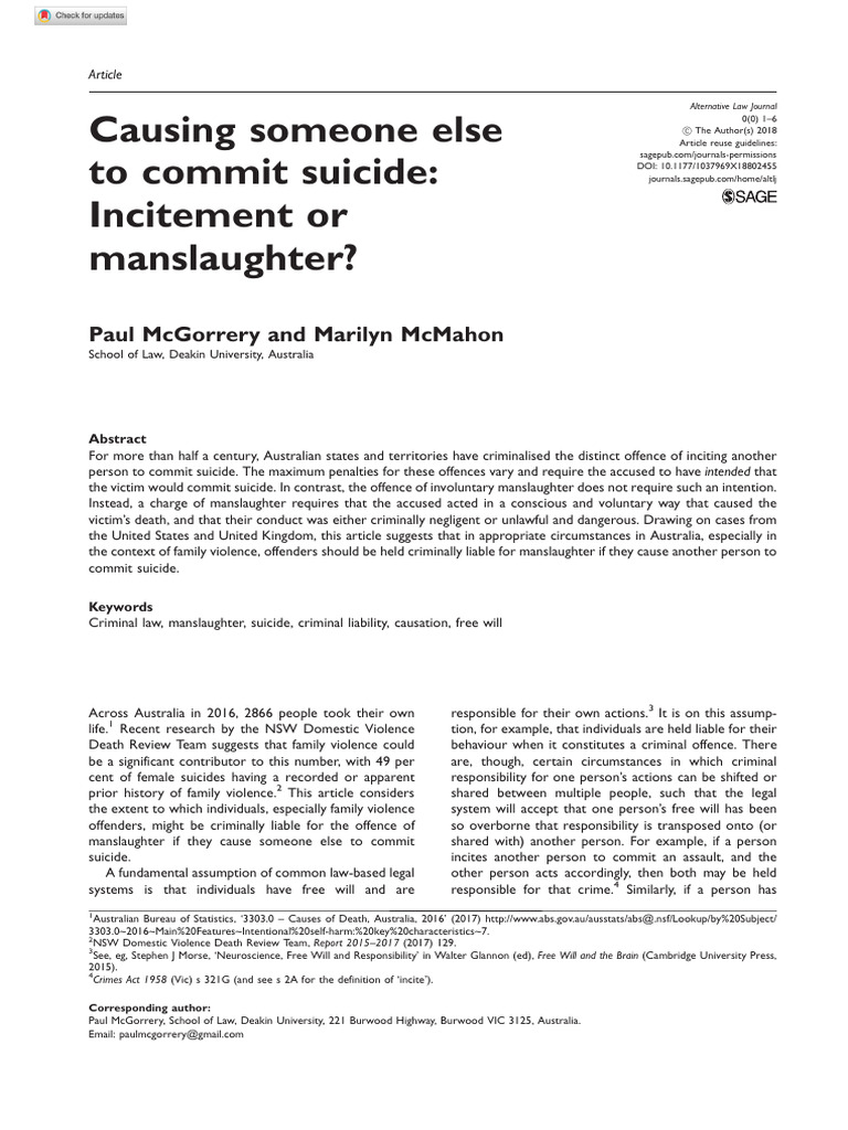 Causing Someone Else To Commit Suicide: Incitement or Manslaughter? | PDF | Manslaughter | Crimes