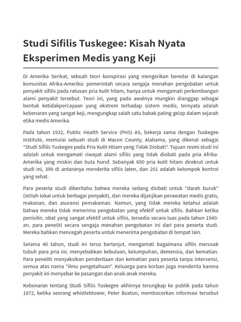 Studi Sifilis Tuskegee: Pelajaran Etika Medis | PDF