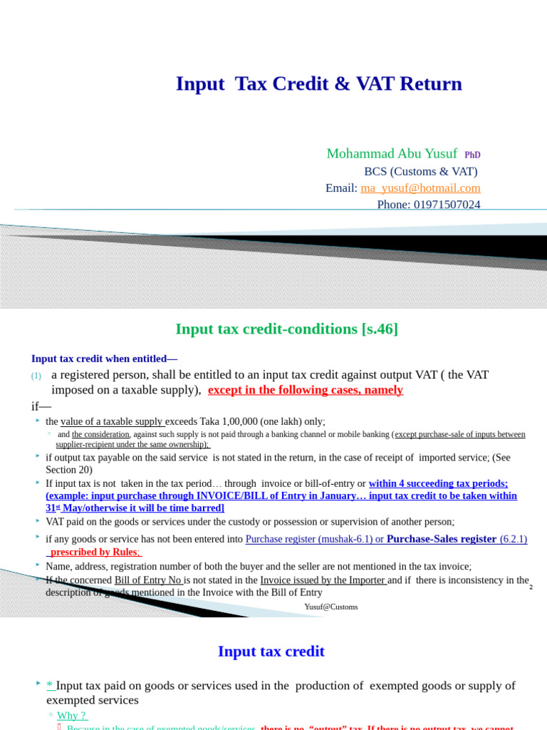 Input Tax Credit & VAT Return Guide | PDF | Value Added Tax | Taxes