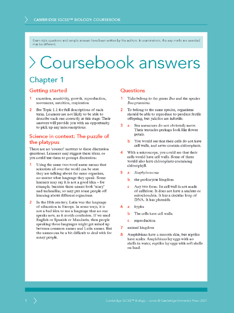 Igcse Biology Coursebook 4th Ed Answers | PDF