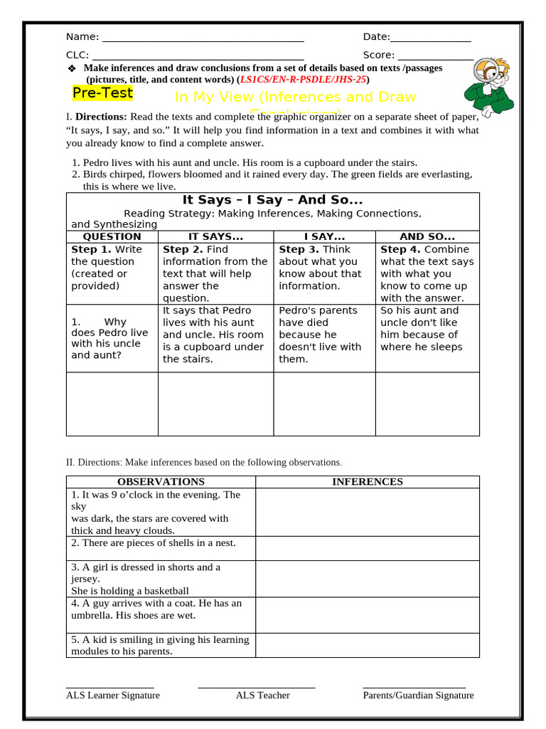 LS1 Eng. Worksheets-JHS in My View (Inferences and Draw Conclusions) | PDF | Manila | Inference