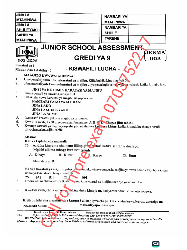 Jesma 003 Grade 9 Kiswahili Pp1 | PDF