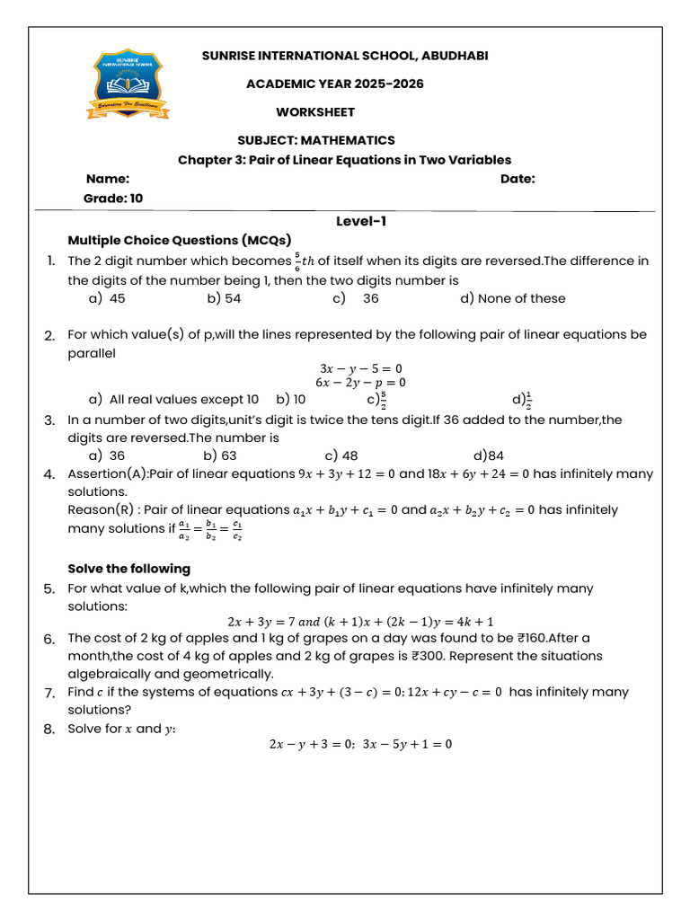 Grade 10 Math Worksheet: Linear Equations | PDF | Equations | System Of ...