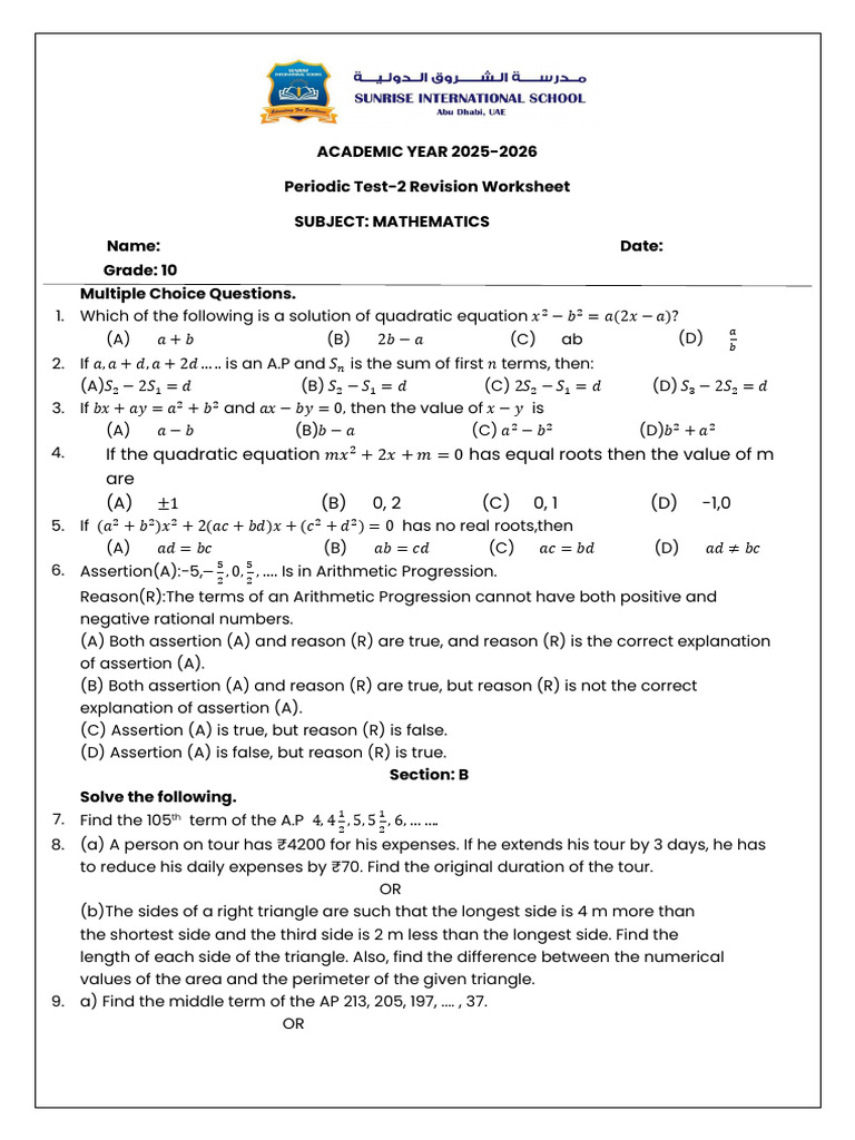 Grade 10 Math PT-2 Revision Worksheet 2025-26 | PDF | Speed ...