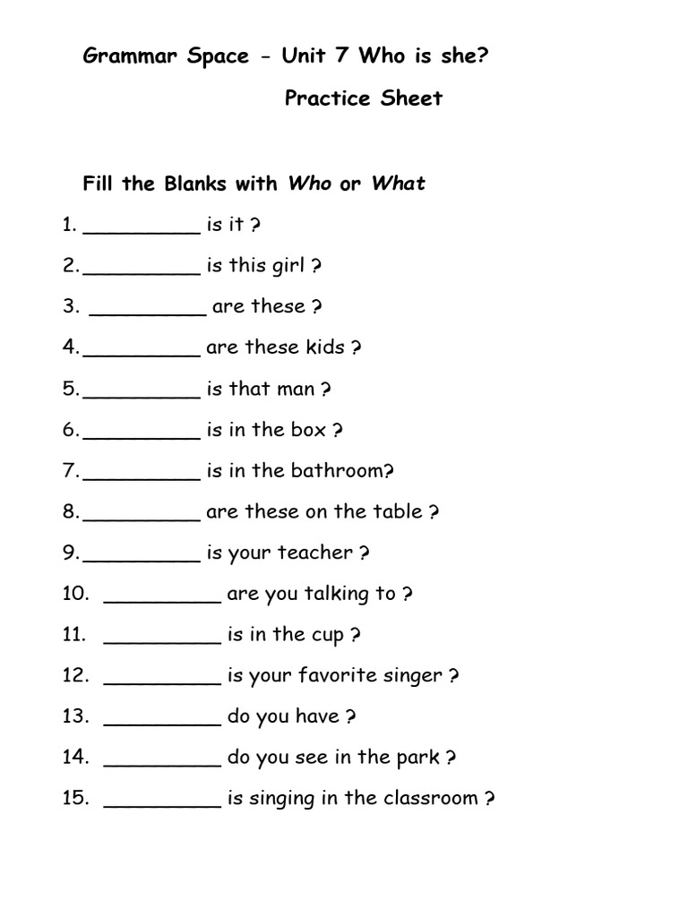 Grammar Space - Unit 7 Who Is She? Practice Sheet PDF | PDF