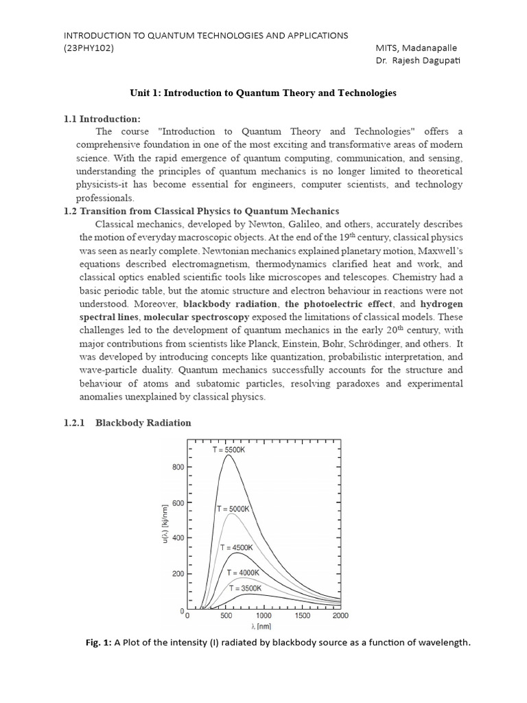 Unit 1 Introduction To Quantum Theory and Technologies | PDF | Energy Level | Quantum Mechanics
