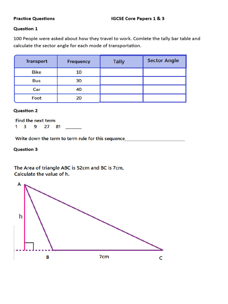 IGCSE Grade 8 Maths Practice Questions | PDF | Area | Geometry
