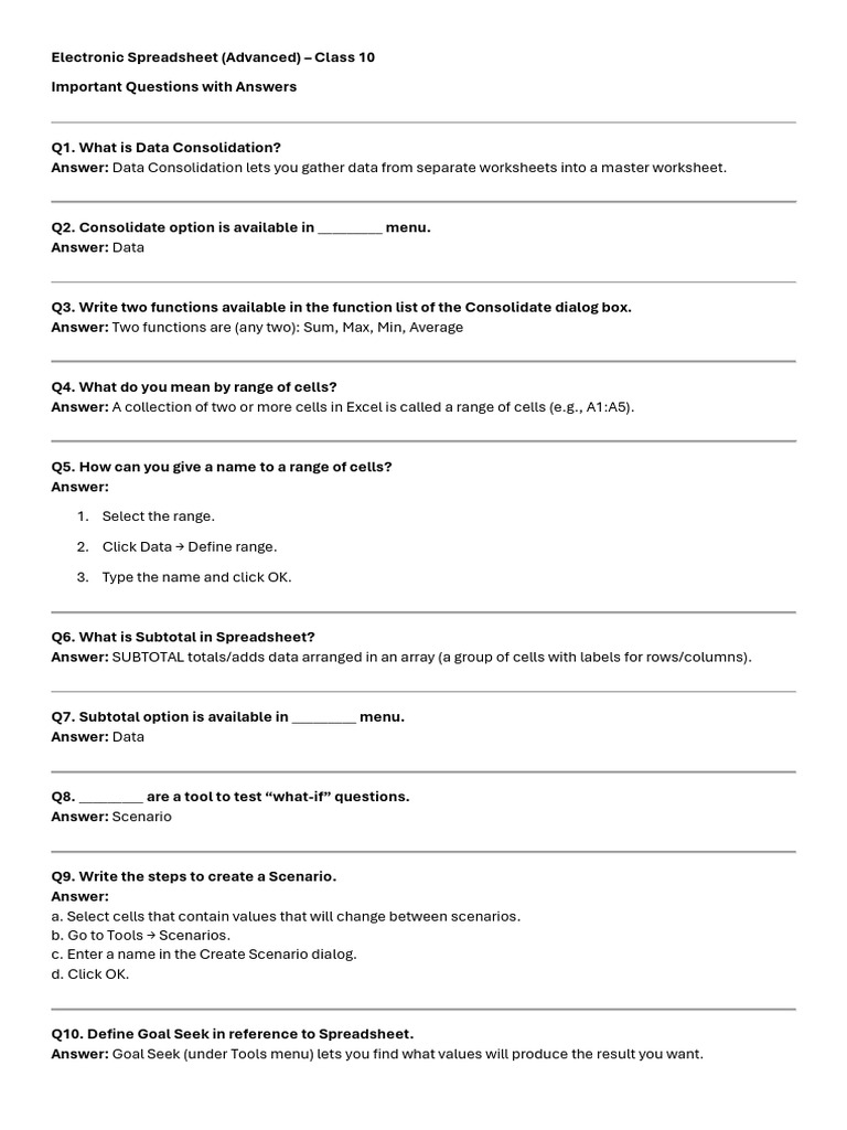 Electronic Spreadsheet Class 10 | PDF | Spreadsheet | Software Engineering