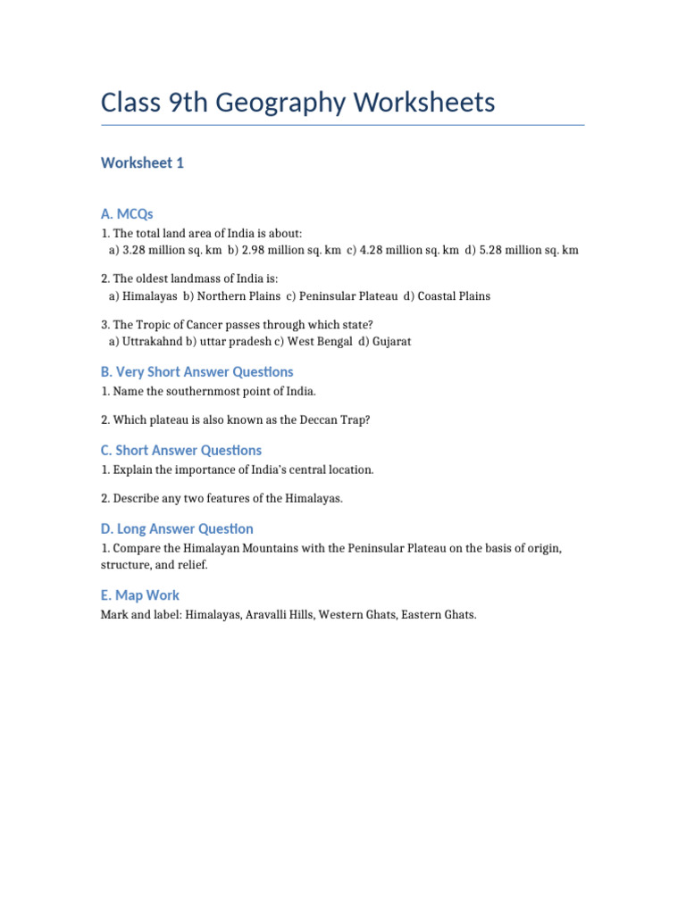 Class 9 Geography Worksheets on India | PDF | Himalayas | Earth Sciences