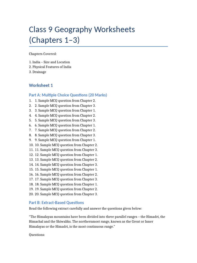 Class9 Geography Worksheets | PDF | Multiple Choice | Himalayas