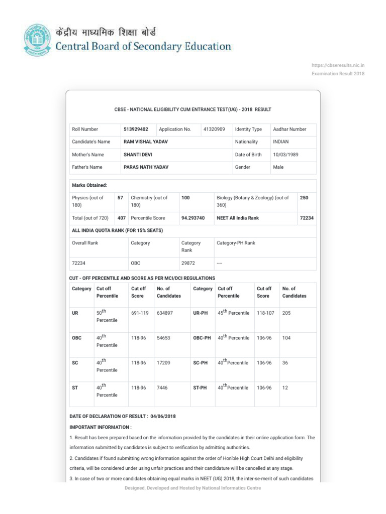 NEET UG 2018 Result Overview | PDF | Standardized Tests | Educational ...