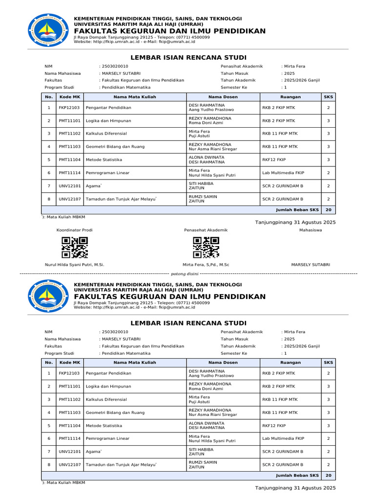 Fakultas Keguruan Dan Ilmu Pendidikan: Lembar Isian Rencana Studi | PDF