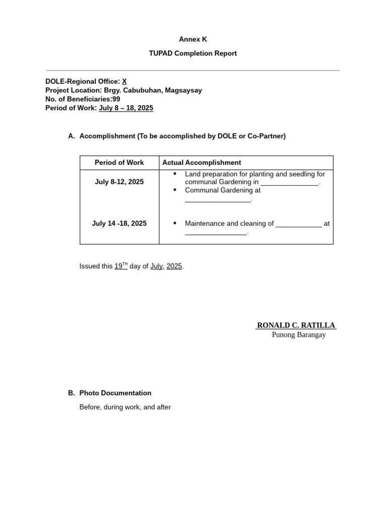 TUPAD Completion Report: Brgy. Cabubuhan | PDF