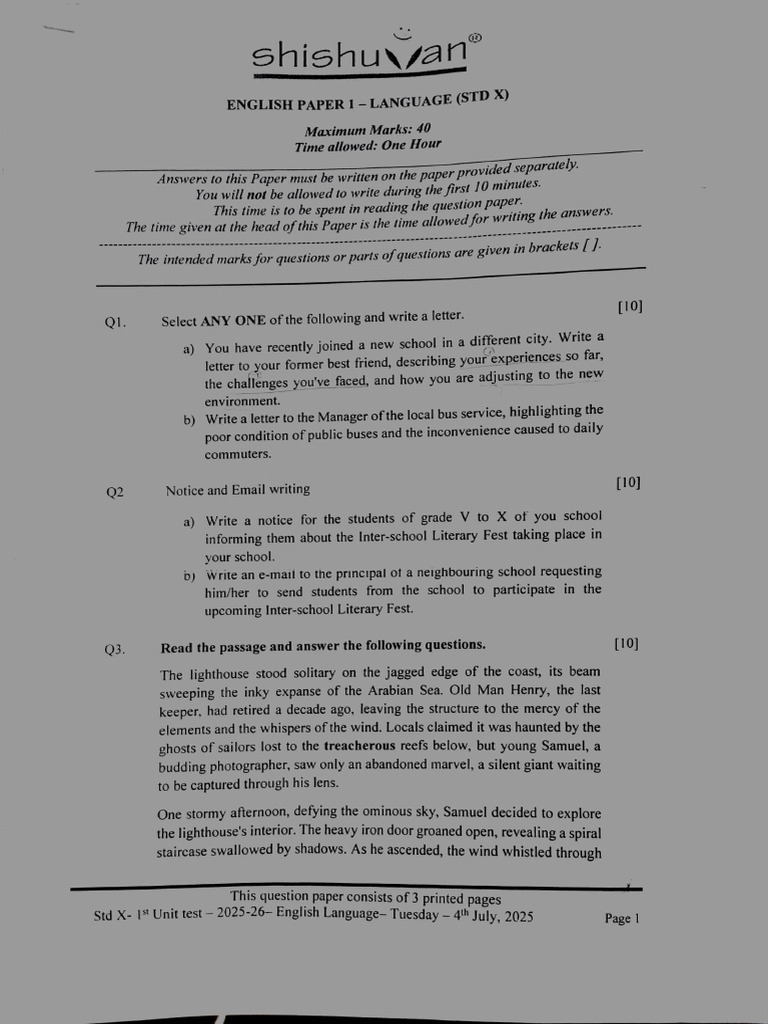 EngLan 10th Units Paper Shishuvan | PDF