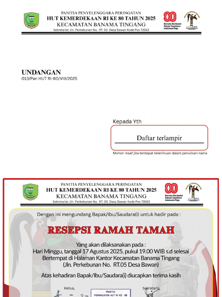 Undangan Resepsi HUT RI Ke 80 Kecamatan Banama Tingang | PDF