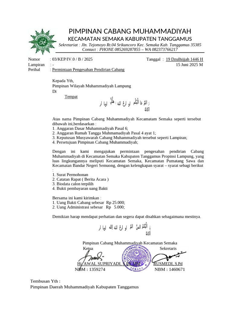 Pengesahan Pendirian Cabang Muhammadiyah Semaka | PDF