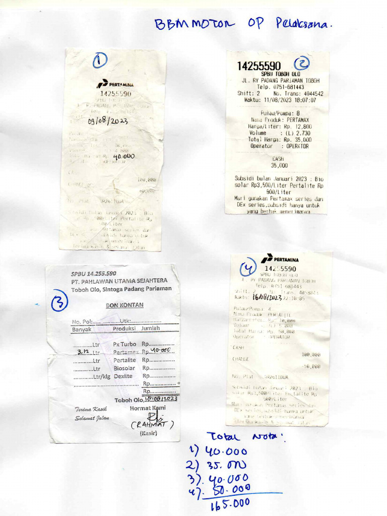 Nota BBM Motor Pelaksana Tgl;09 Sd 18-08-23 | PDF